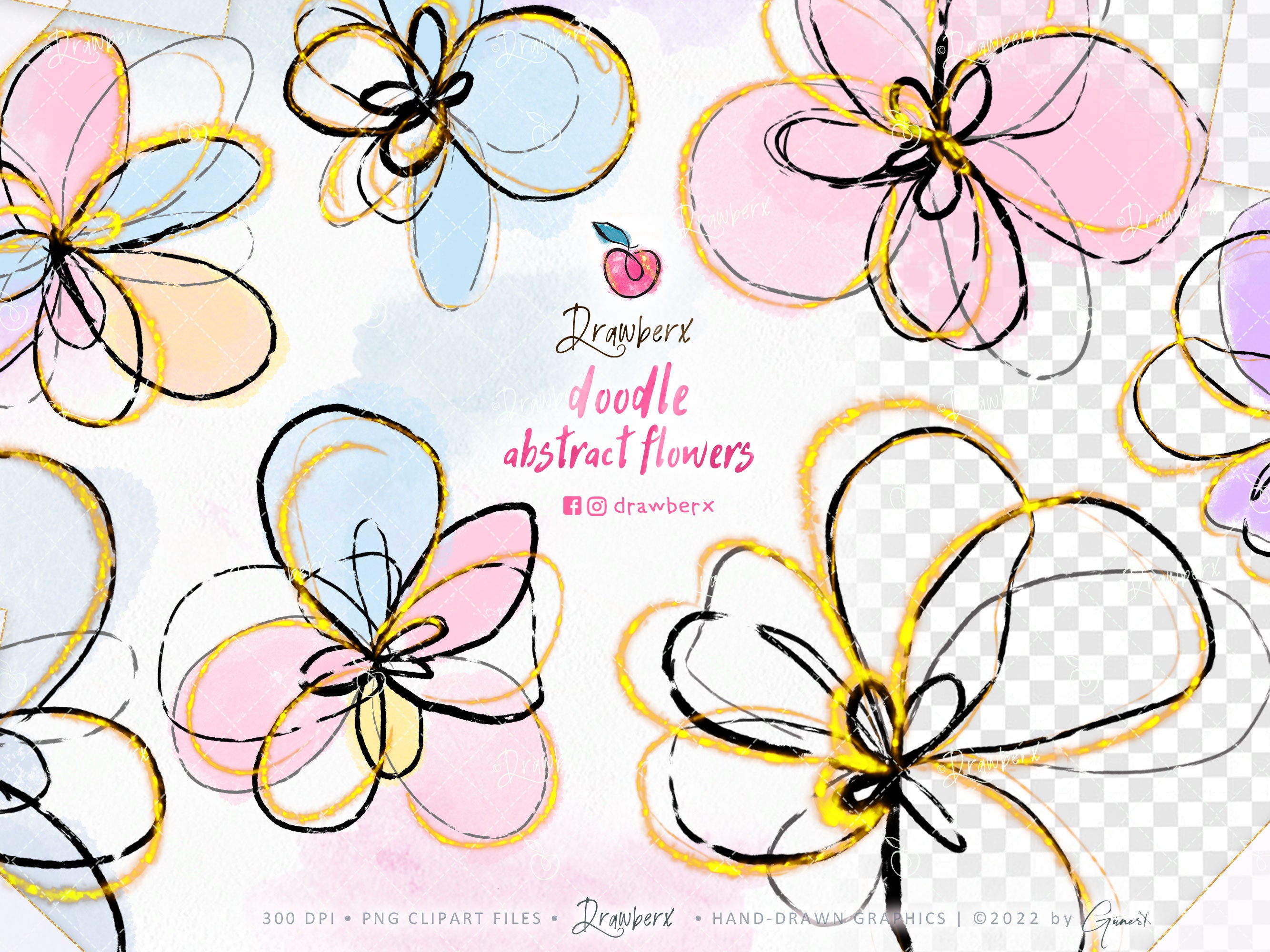 Doodle Flowers Clipart / Cute, Hand-drawn Abstract Flowers, Png Files ...