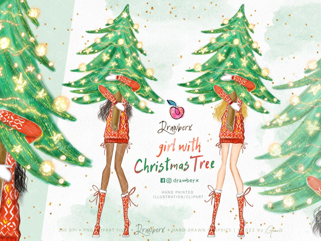 Girl Holding Christmas Tree. Christmas Fashion Clipart, Hand Painted ...