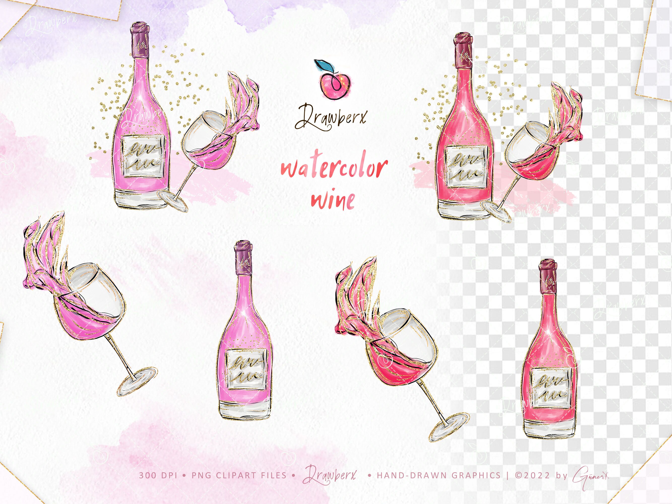 Watercolor Wine Clipart, Set of Png Files, Valentines Day, Wine Glass ...
