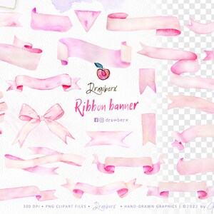 Watercolor Ribbon Banner. Set of 25 PNG Clipart Set. Pink, Purple ...