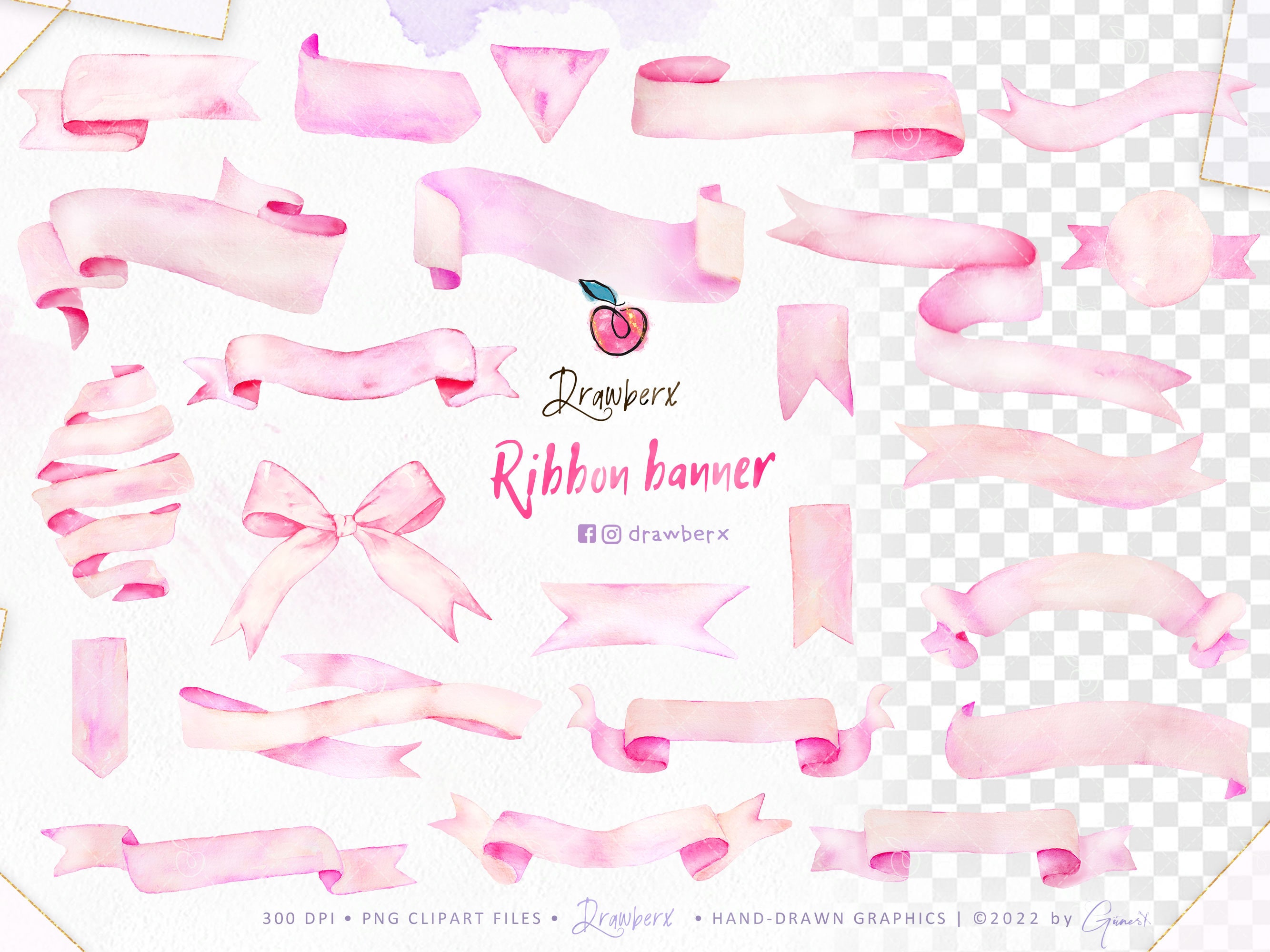 Watercolor Ribbon Banner. Set of 25 PNG Clipart Set. Pink - Etsy