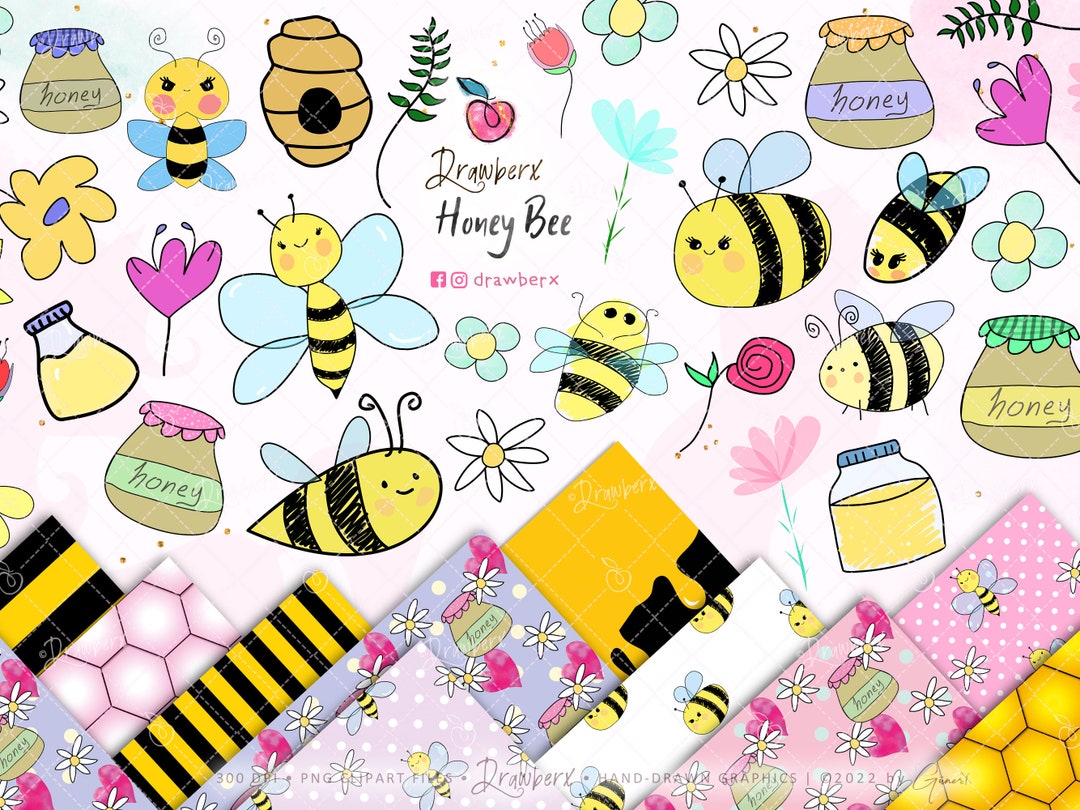 Honey Bee Bundle. Set of Png Bee Clip Art, 12 Honey Comb Digital Papers ...