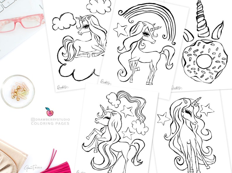 5 Unicorn Printable Coloring Pages for Digital Coloring Book - Etsy
