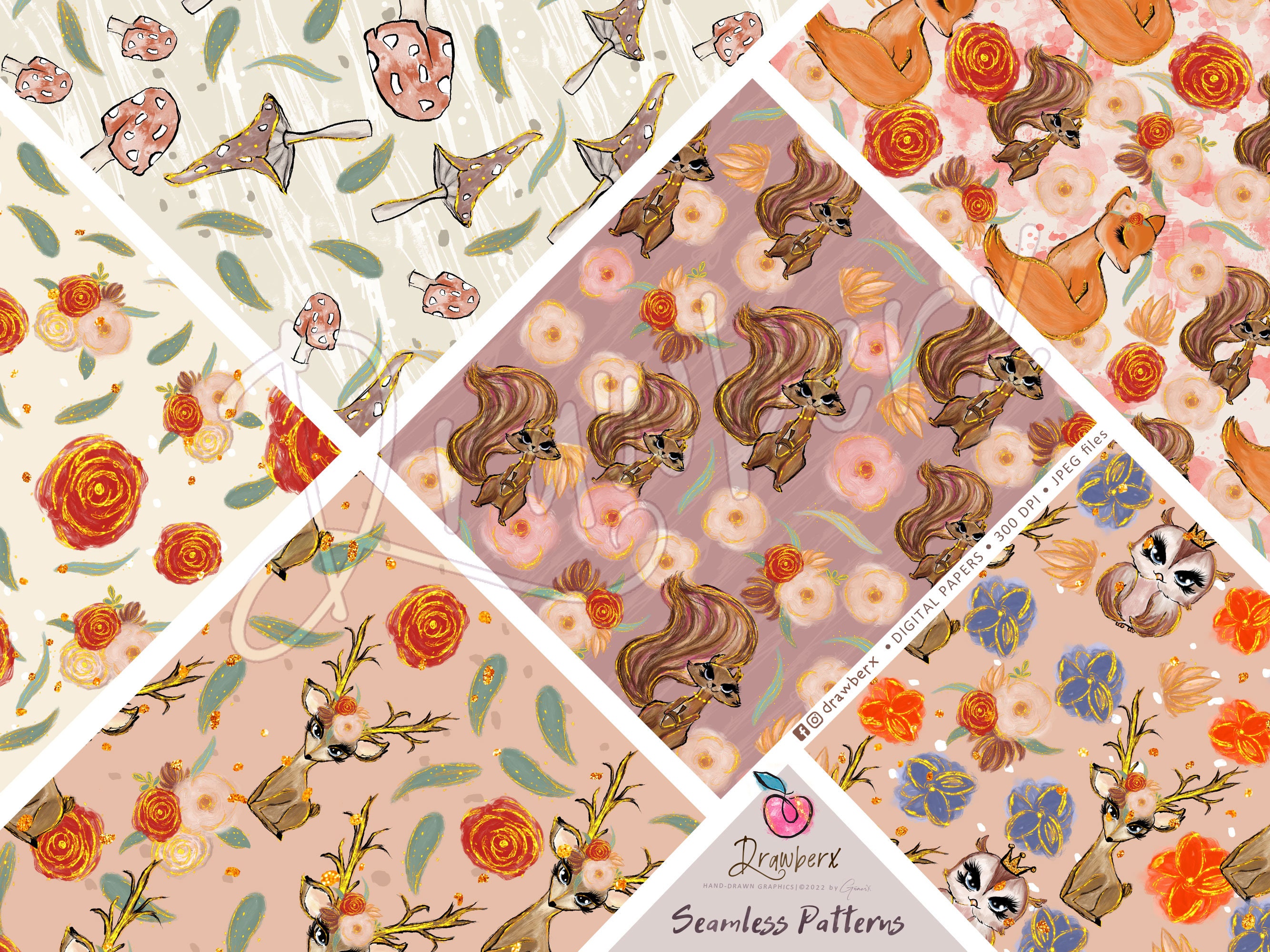 Woodland Animals Digital Paper, Fawn Squirrel Owl Fox, 12 Seamless ...