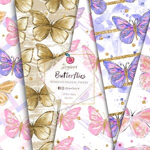 Butterfly Digital Paper, 10 Seamless Pattern / Gold, Pink, Purple ...
