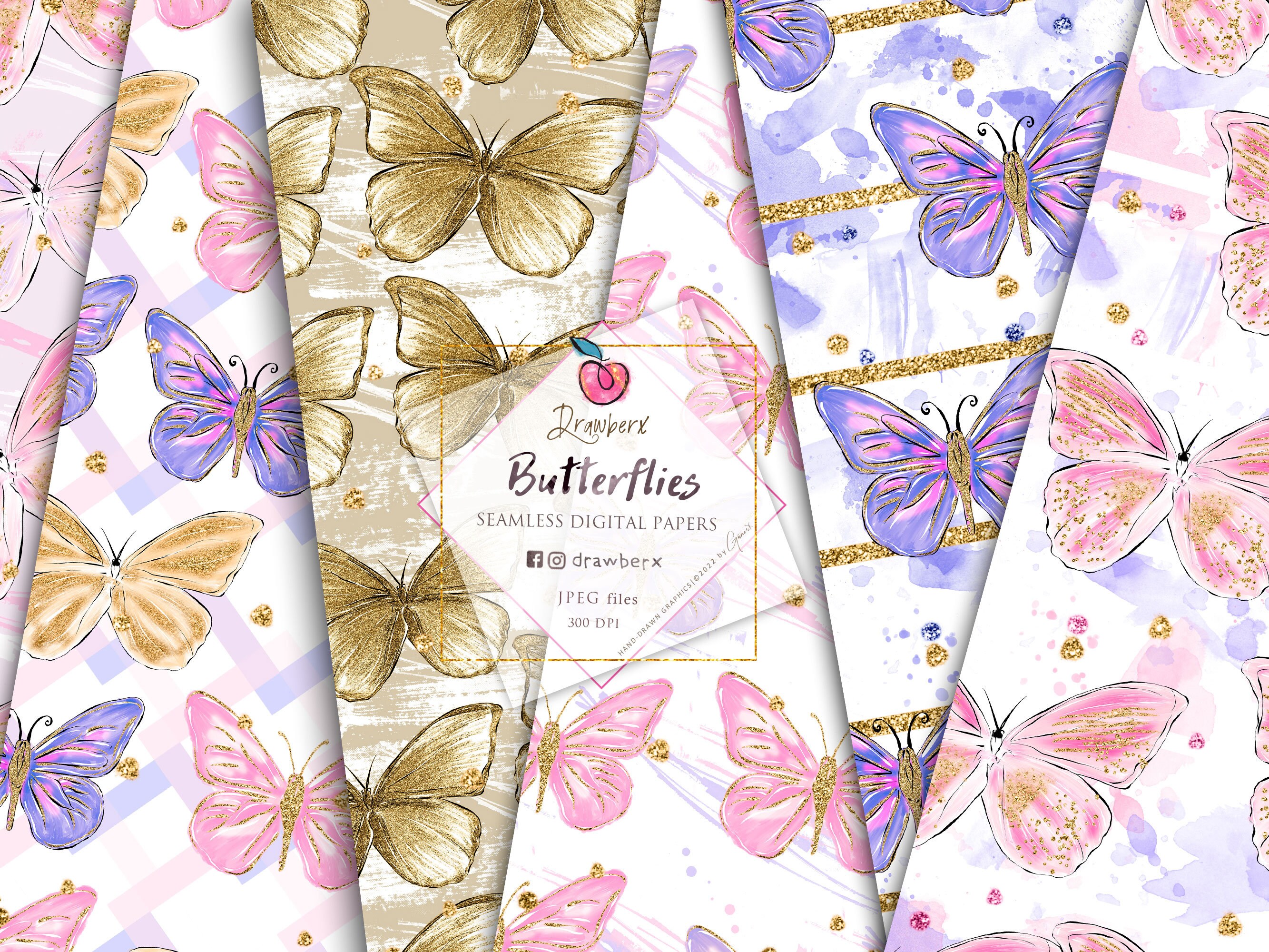 Butterfly Digital Paper, 10 Seamless Pattern / Gold, Pink, Purple ...