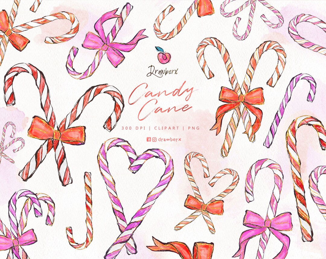 Watercolor Christmas Candy Cane Clipart - Red & Pink - Vintage ...