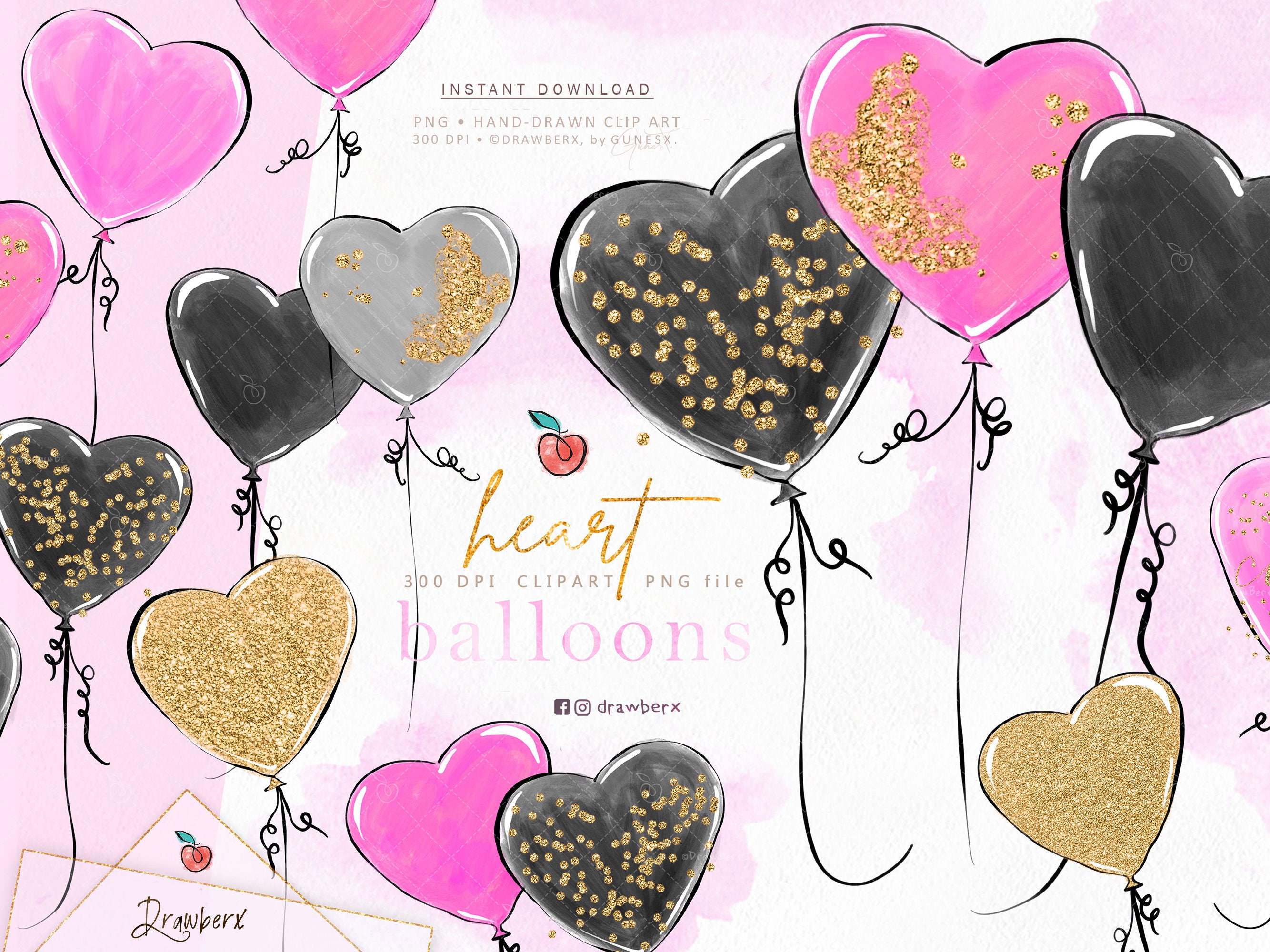 Heart Balloon Clipart, Png, Black, Pink, Gold Glitter, Watercolor ...