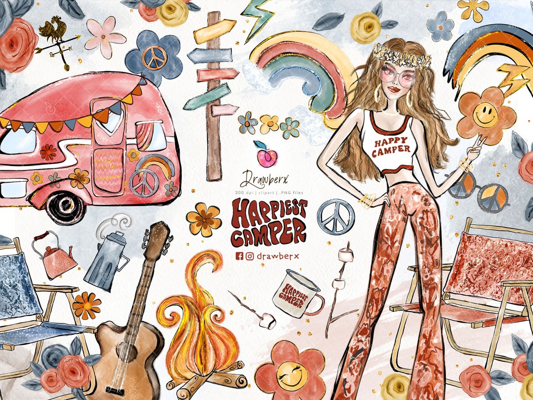 Happy Camper Clipart, Travel Girl Camping, Watercolor, Glamping, PNG ...