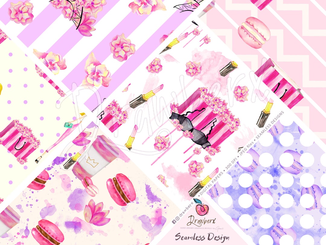 Pink Girly Digital Paper, Seamless Pattern, Fashion Girl, Macaroon ...