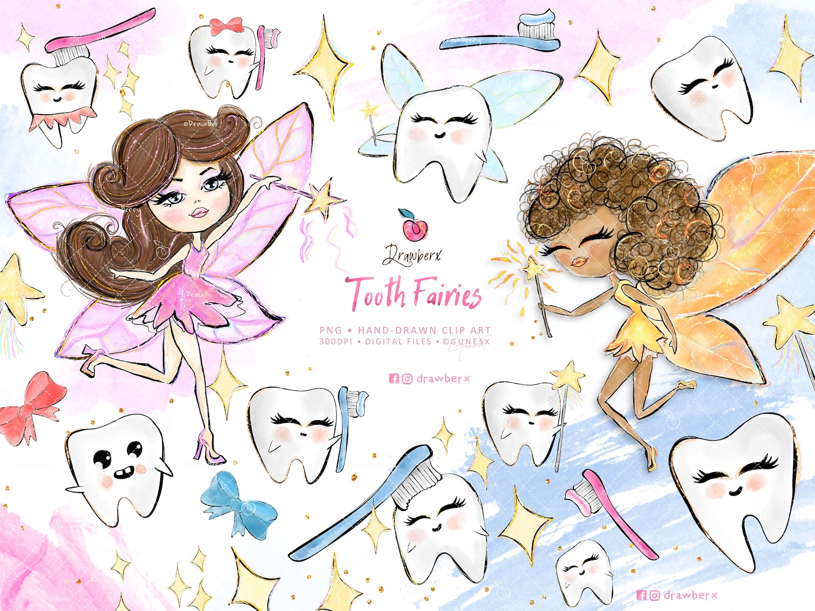 Tooth Fairy Clipart - Cute Whimsical Dental Clipart, Teeth Doodles ...