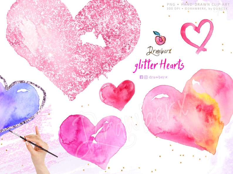 Colorful Glitter Hearts Clipart, Png Files / Pink, Purple, Watercolor ...
