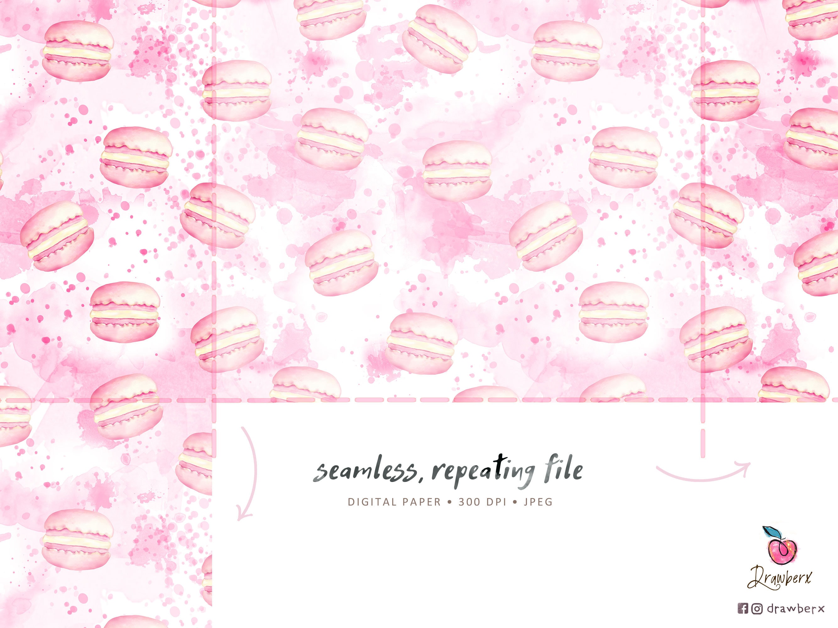 Macaron Seamless Pattern / Pink Watercolor Macaroons, Dessert ...