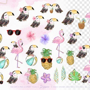 Tropical Summer Clipart, Set of Png Files, Flamingo, Toucan Taco, Luau ...