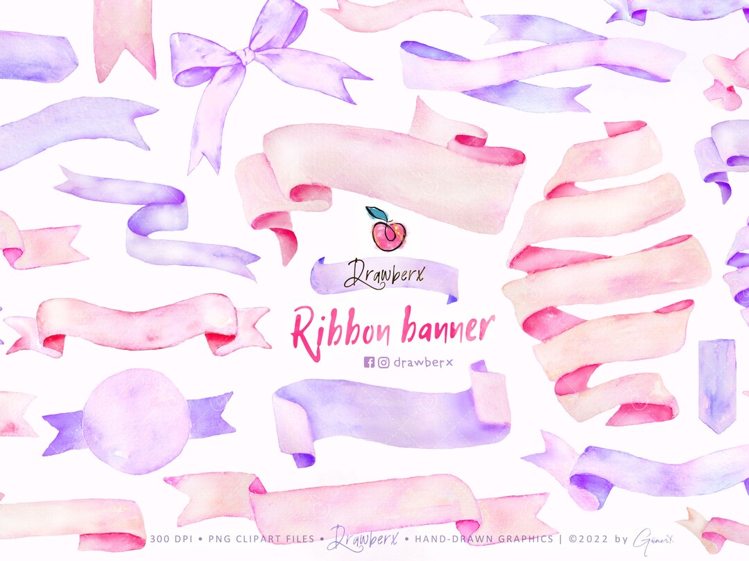 Watercolor Ribbon Banner. Set of 25 PNG Clipart Set. Pink, Purple ...