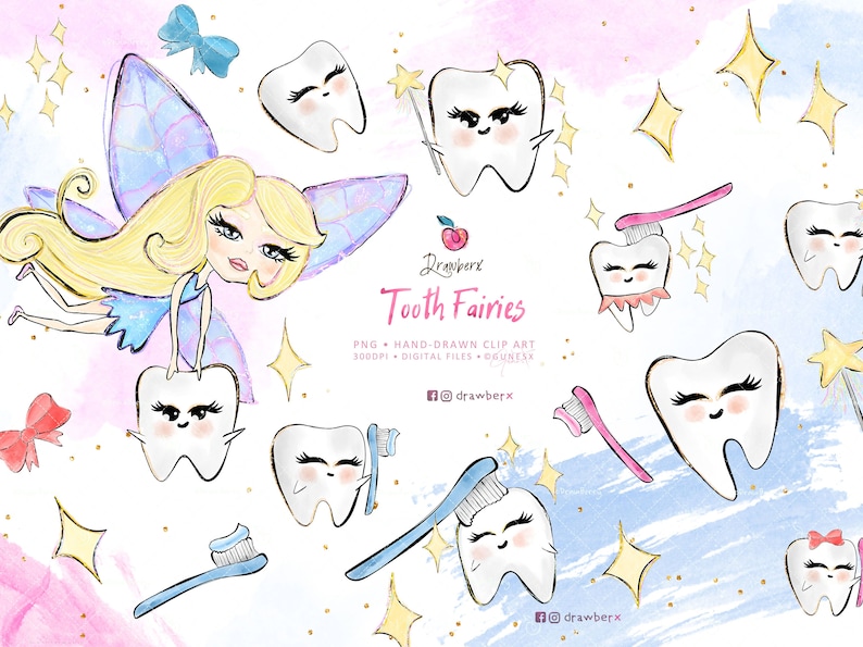 Tooth Fairy Clipart - Cute Whimsical Dental Clipart, Teeth Doodles ...
