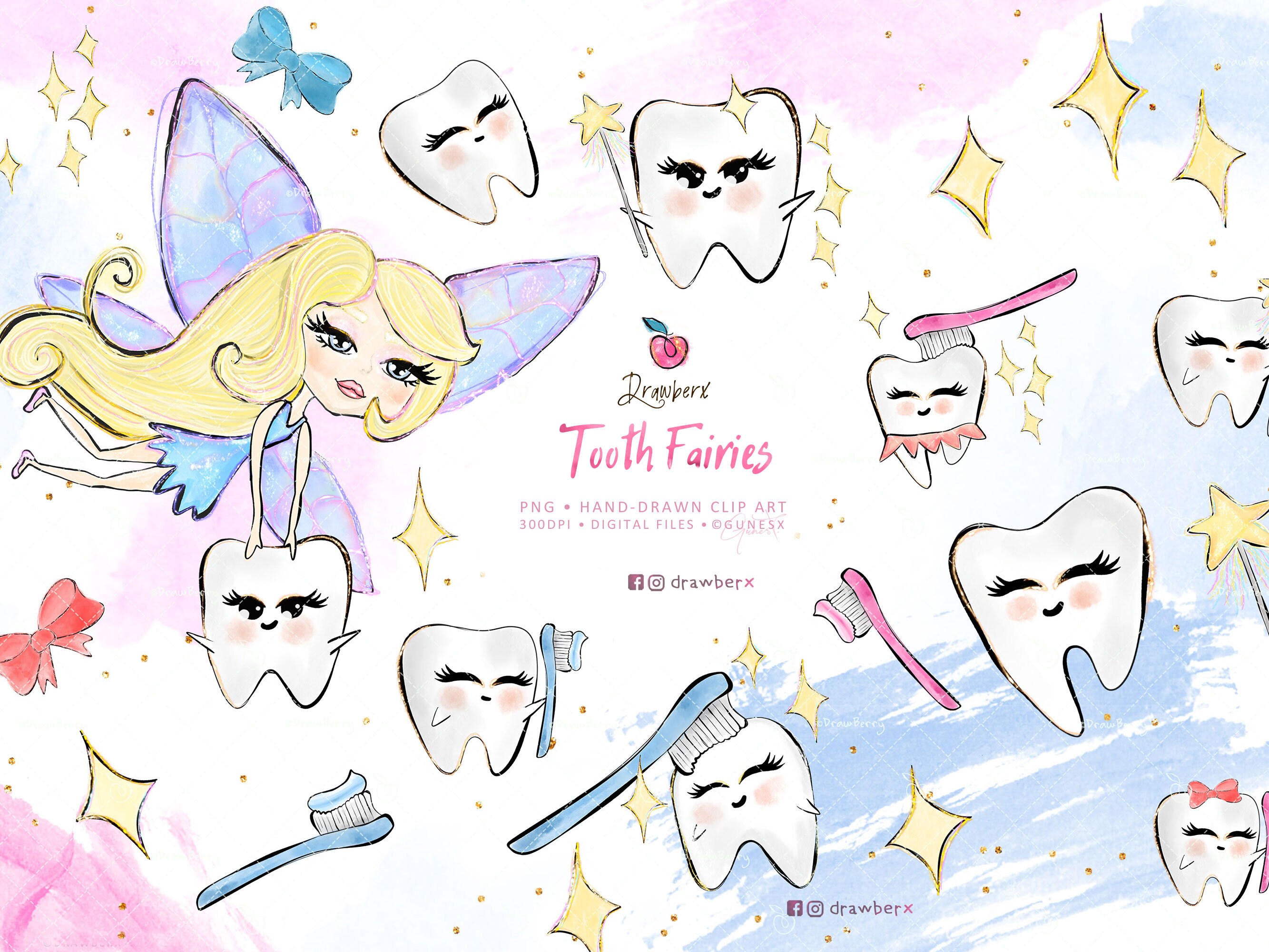 Tooth Fairy Clipart - Cute Whimsical Dental Clipart, Teeth Doodles ...