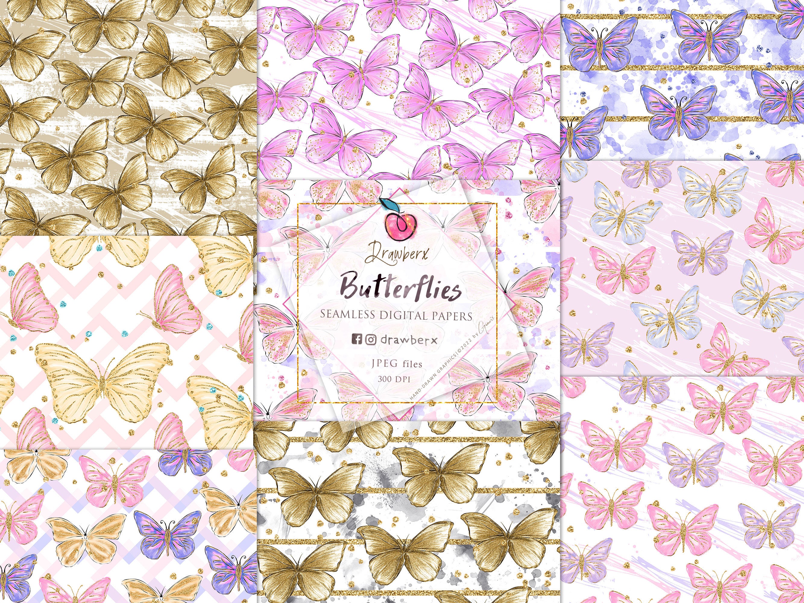 Butterfly Digital Paper, 10 Seamless Pattern / Gold, Pink, Purple ...