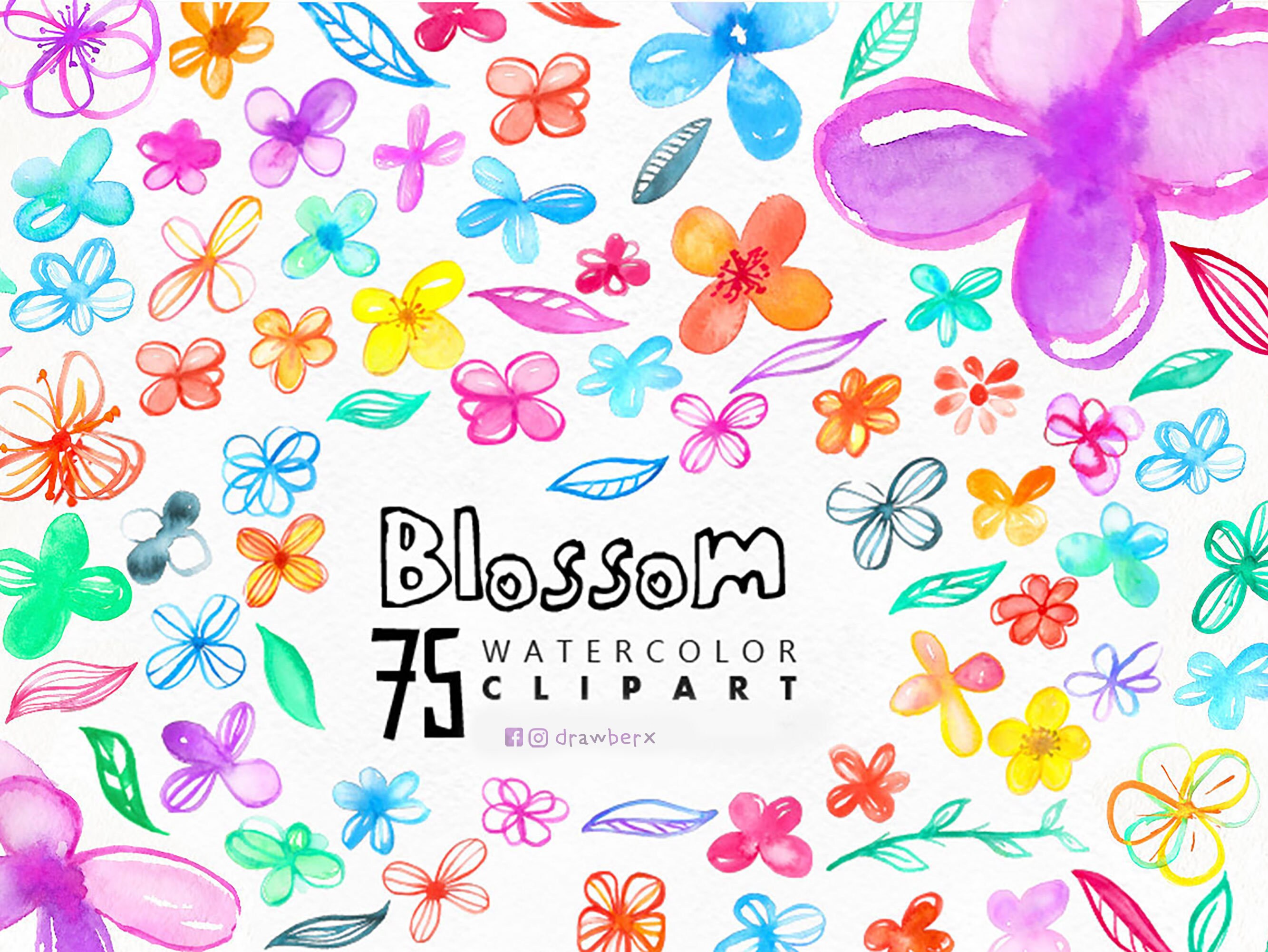 Simple Flowers Set, Png, Watercolor Clipart. Hand Painted, Sketchy ...