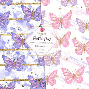 Butterfly Digital Paper, 10 Seamless Pattern / Gold, Pink, Purple ...