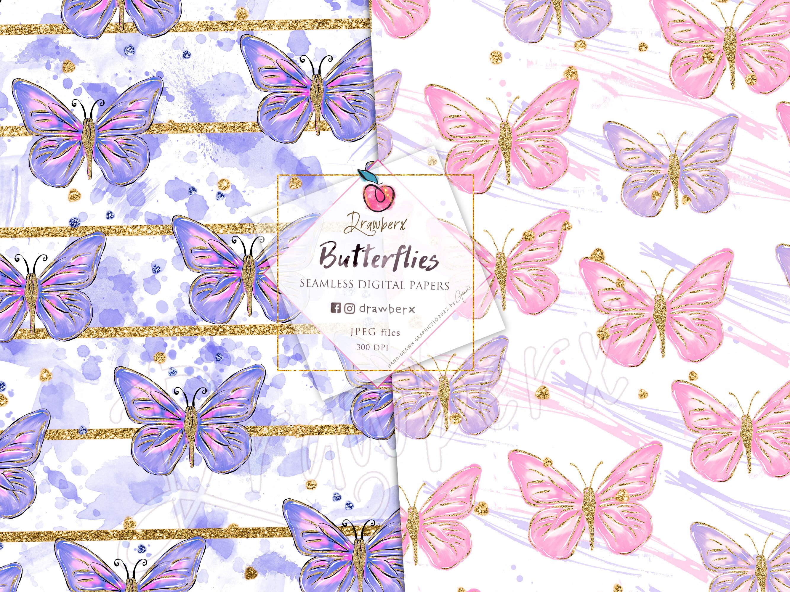 Butterfly Digital Paper, 10 Seamless Pattern / Gold, Pink, Purple ...
