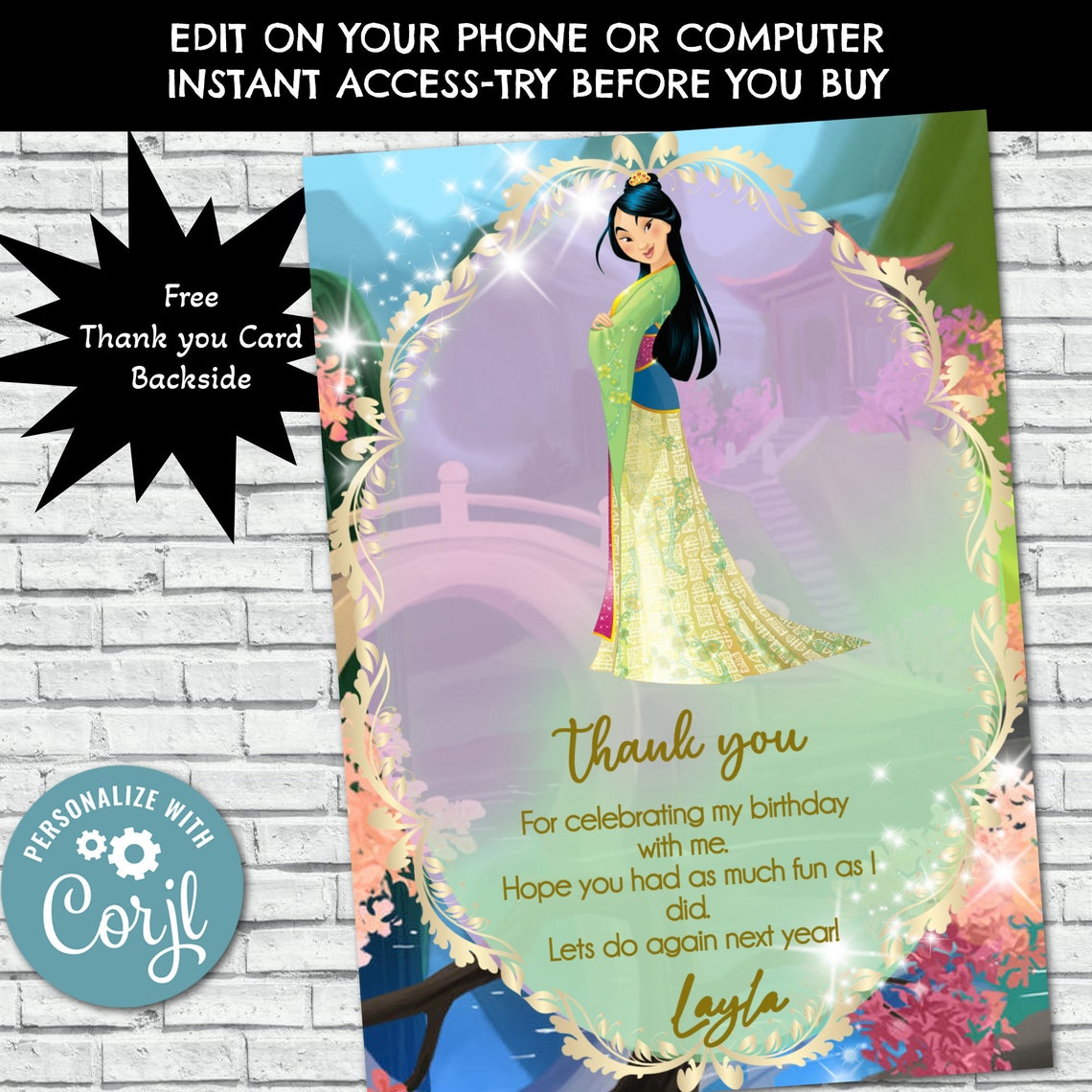 Mulan Birthday Invitation Mulan Invite Princess Birthday - Etsy