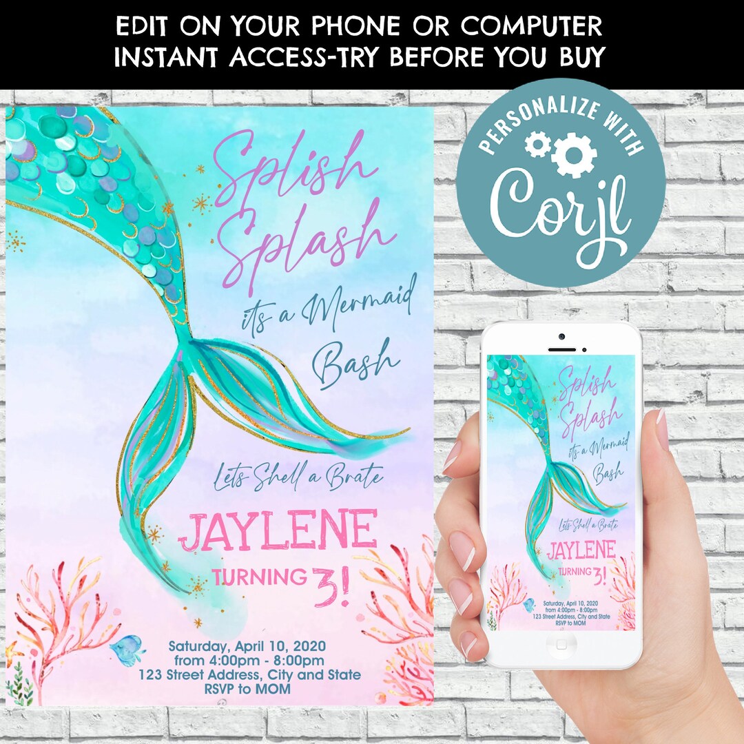 Editable Mermaid Birthday Invitation Template Little Mermaid Under the ...