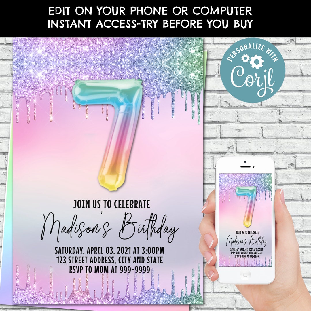 EDITABLE 7th Birthday Invite, 7th Birthday Invitation, Rainbow ...