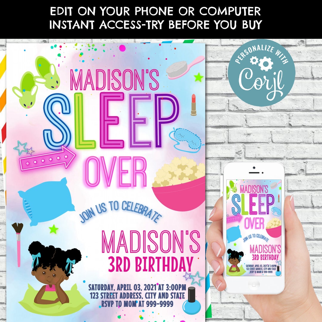 EDITABLE Sleep Over Invitation Birthday Party Invites Girl Slumber ...