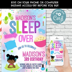 EDITABLE Sleep Over Invitation Birthday Party Invites Girl Slumber ...