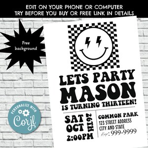 Smiley Face Birthday Invitation Boy, Girl, Smiley Face, Checkered ...