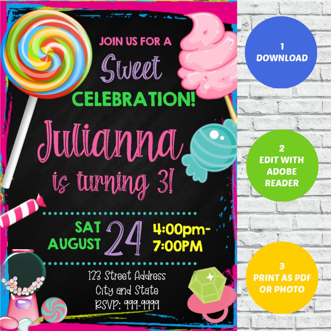 Candy Birthday Invitation, Candy Invitation, Candy Invite, Candy ...