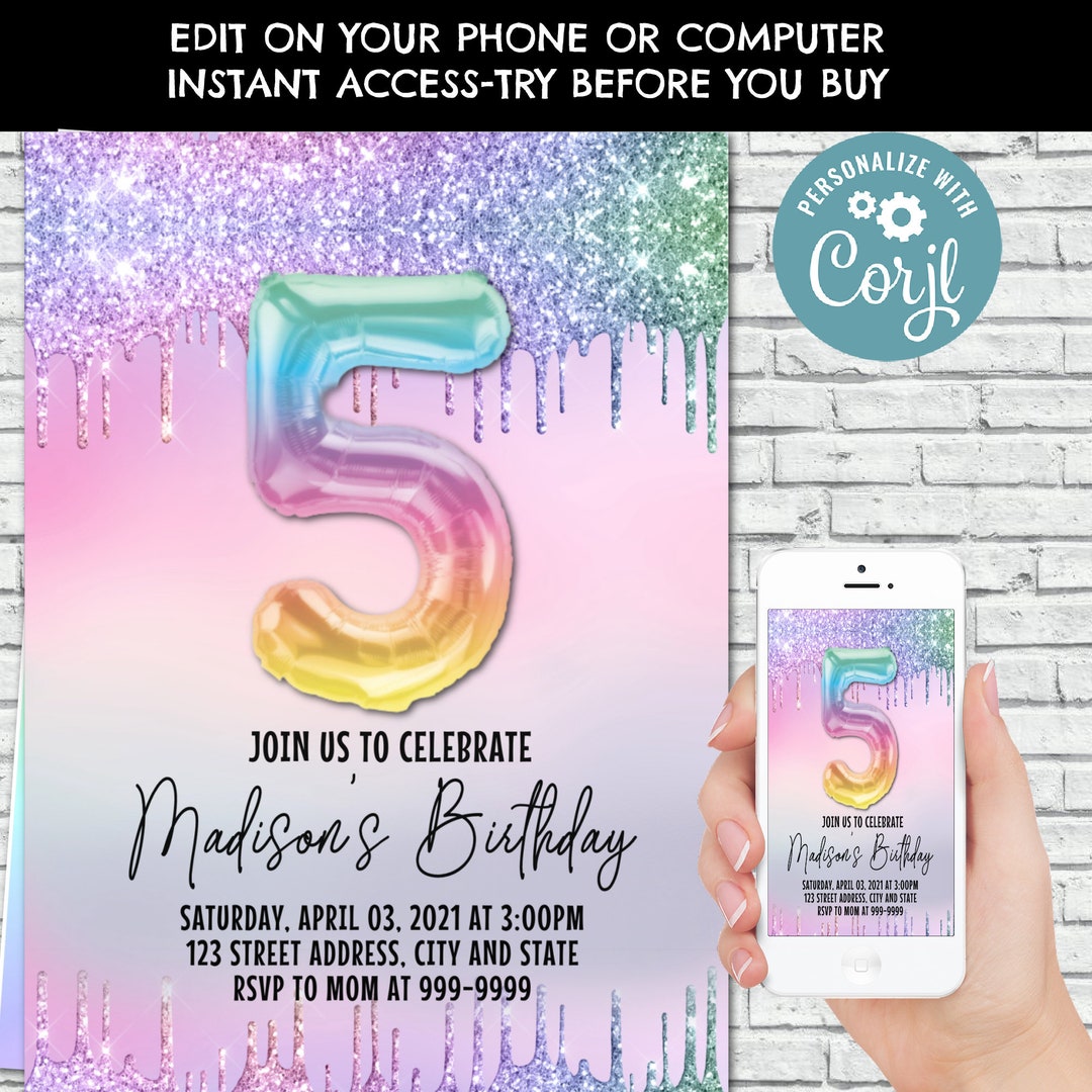 EDITABLE 5th Birthday Invitation, 5th Birthday Invitation, Rainbow ...