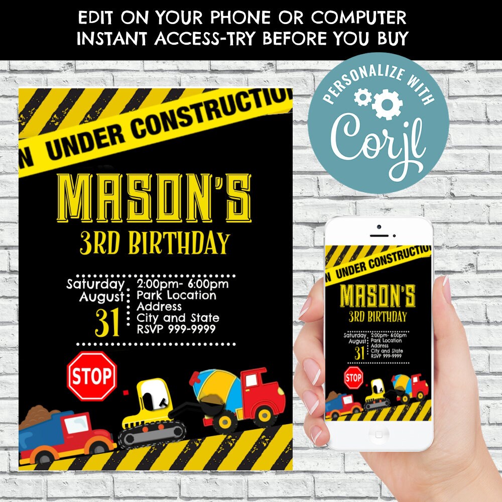 Construction invitation Construction birthday invitation | Etsy