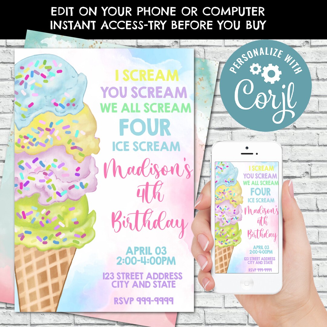 EDITABLE Ice Cream Invitation, Ice Cream Invite, Ice Cream Birthday ...