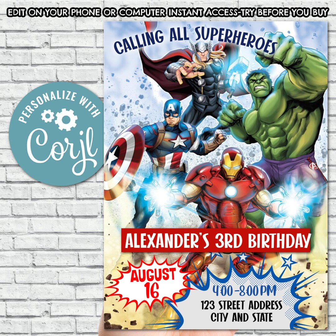 Avengers Birthday Invitation, Avengers Invitation, Avengers, Birthday ...