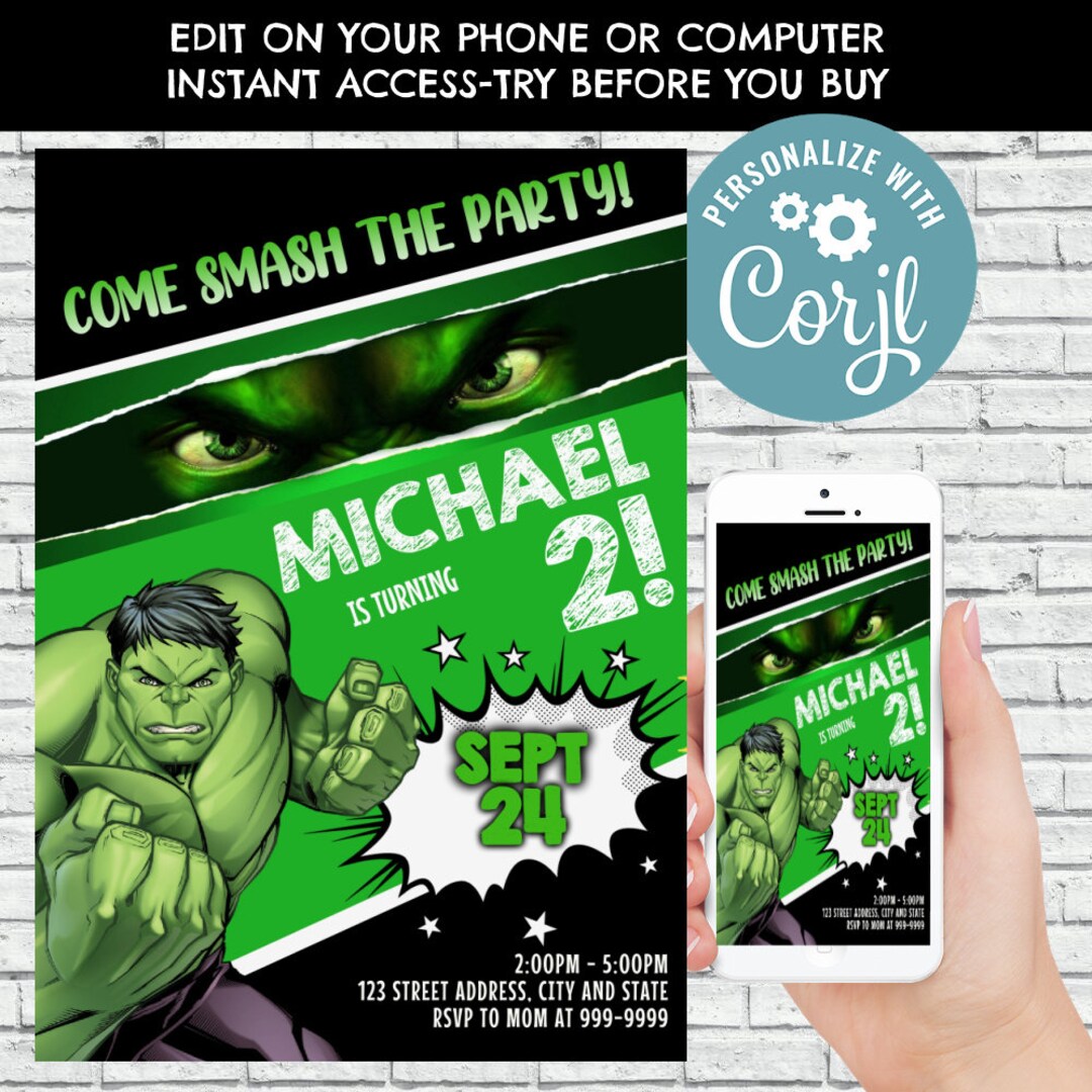 Hulk Invitation, Hulk Birthday Invitation, Hulk Invite, Birthday ...