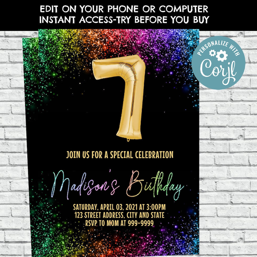 EDITABLE 7th Birthday Invite, 7th Birthday Invitation, Rainbow ...