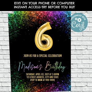 EDITABLE 6th Birthday Invite 6th Birthday Invitation Rainbow - Etsy