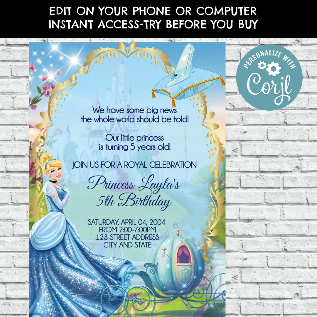 Cinderella Birthday Invitation, Cinderella Invite, Princess Birthday ...