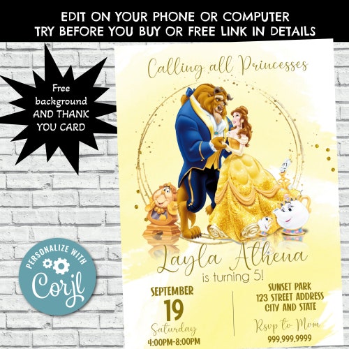 INSTANT DOWNLOAD Belle Invitation Belle Birthday - Etsy