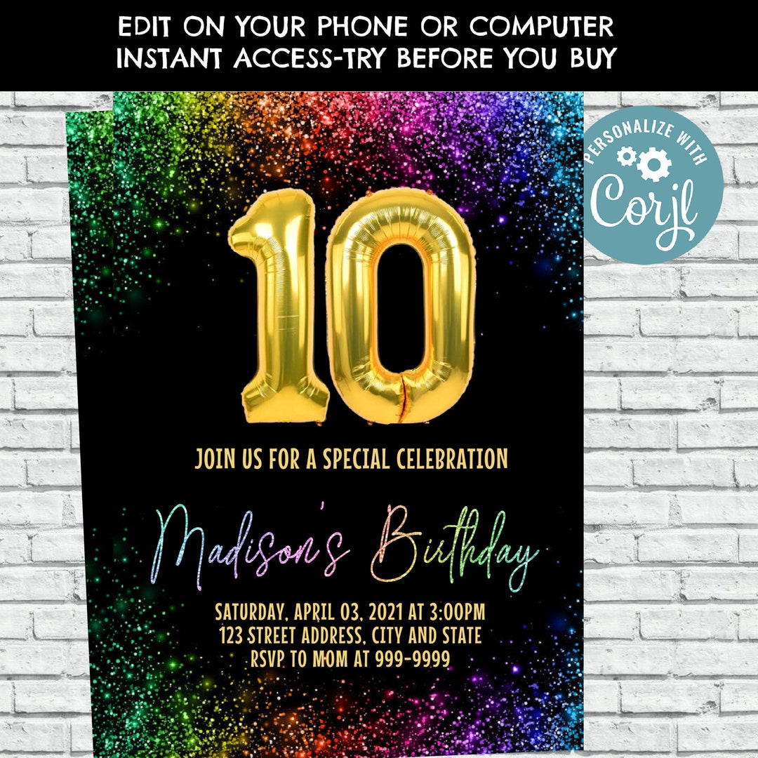 EDITABLE 10th Birthday Invite, 10th Birthday Invitation, Rainbow ...