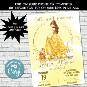 Belle Birthday Invitation, Belle Invite, Belle Birthday Party Invites ...