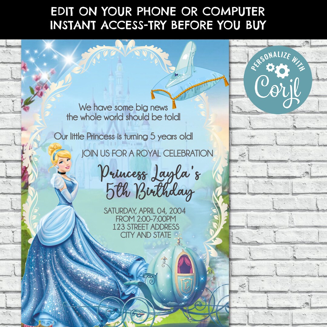 Cinderella Birthday Invitation, Cinderella Invite, Princess Birthday ...