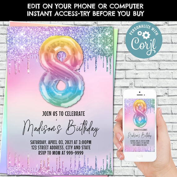EDITABLE 8th Birthday Invitation 8th Birthday Invite Rainbow - Etsy
