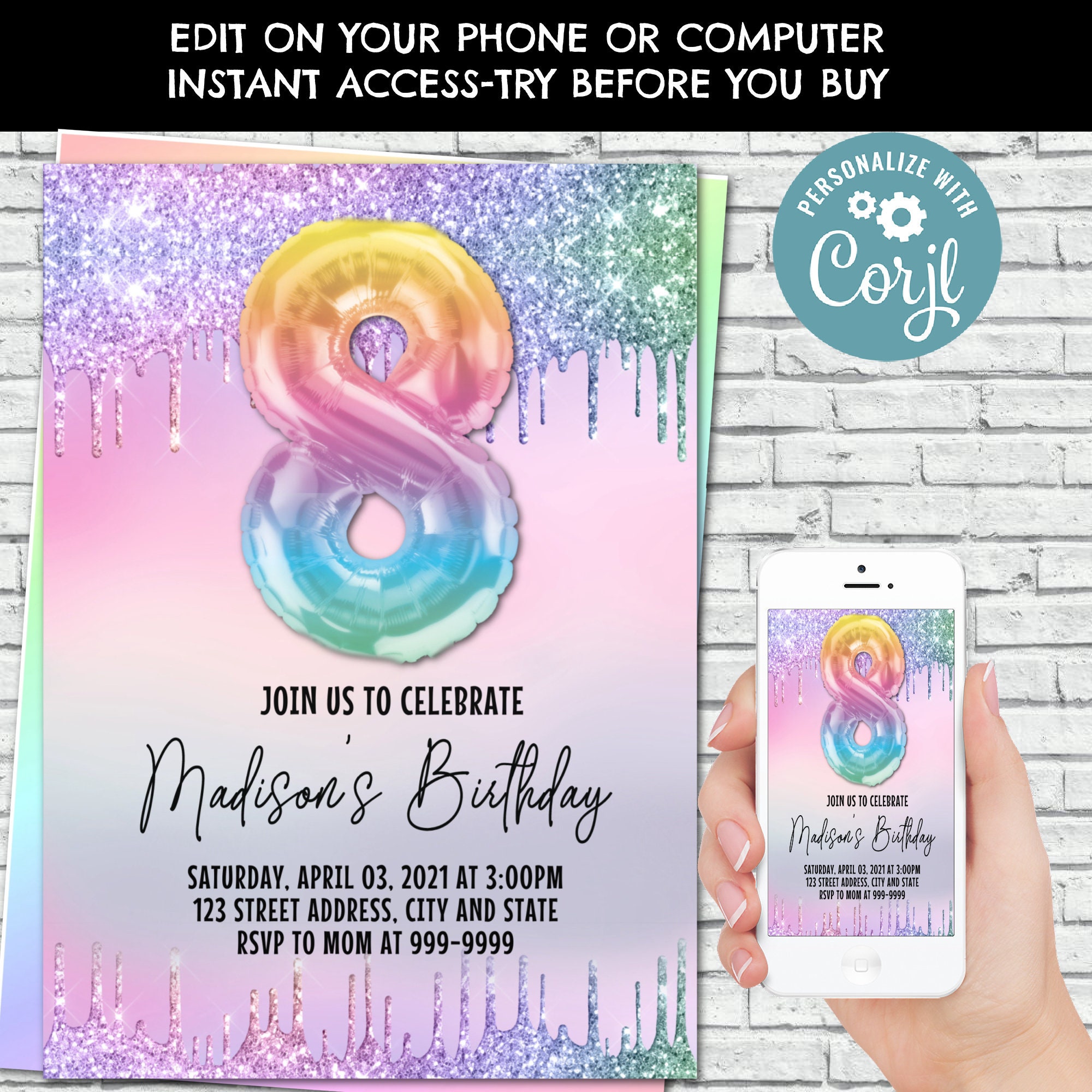 EDITABLE 8th Birthday Invite 8th Birthday Invitation Rainbow | Etsy ...