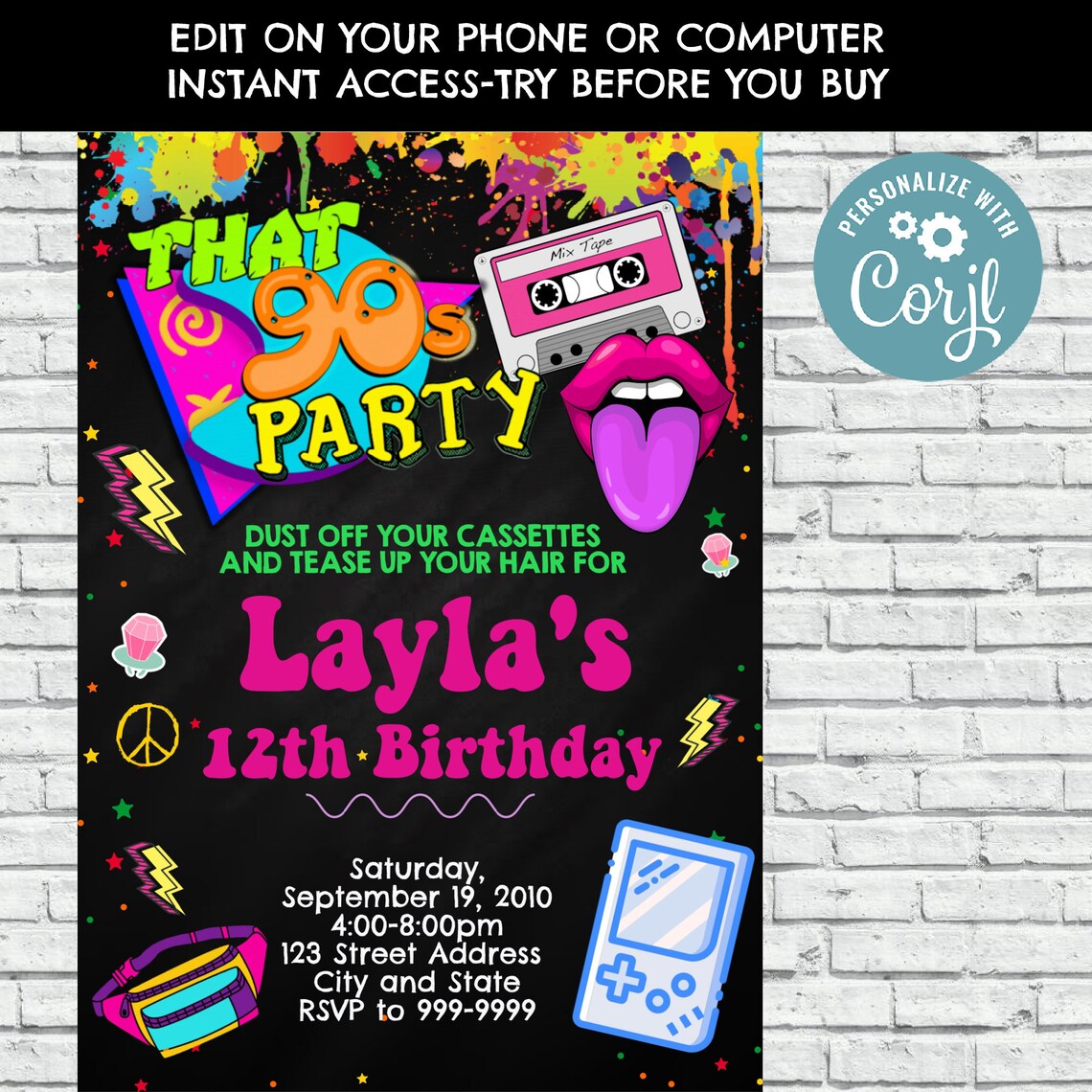 EDITABLE 90s Invitation 90s Birthday Invitation 90s Party - Etsy