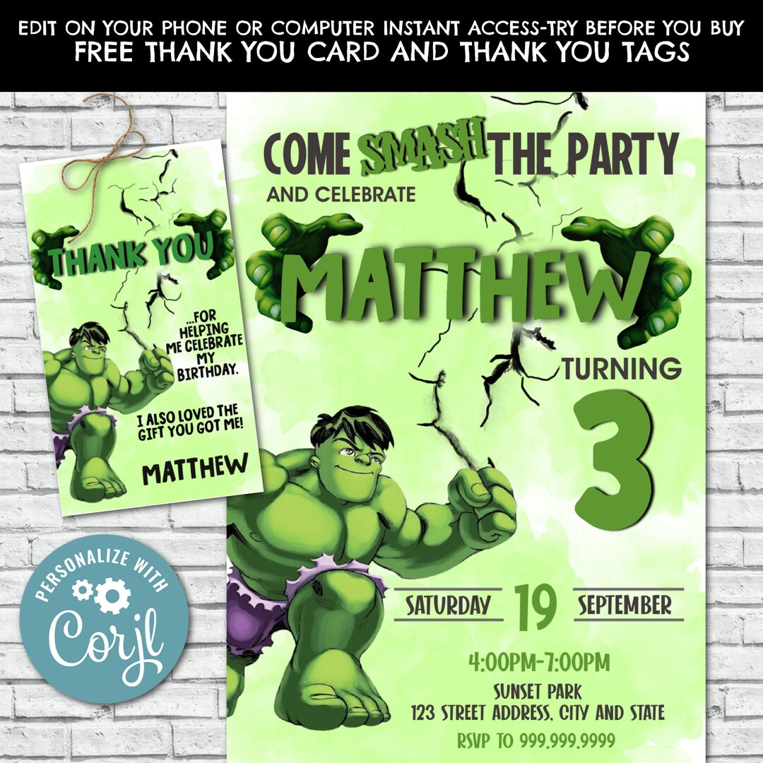 Hulk Invitation, Hulk Birthday Invitation, Hulk Invite, Birthday ...