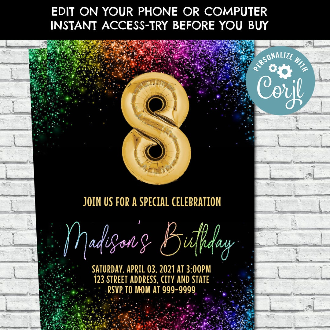 EDITABLE 8th Birthday Invite, 8th Birthday Invitation, Rainbow ...