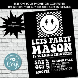 Smiley Face Birthday Invitation Boy, Girl, Smiley Face, Checkered ...